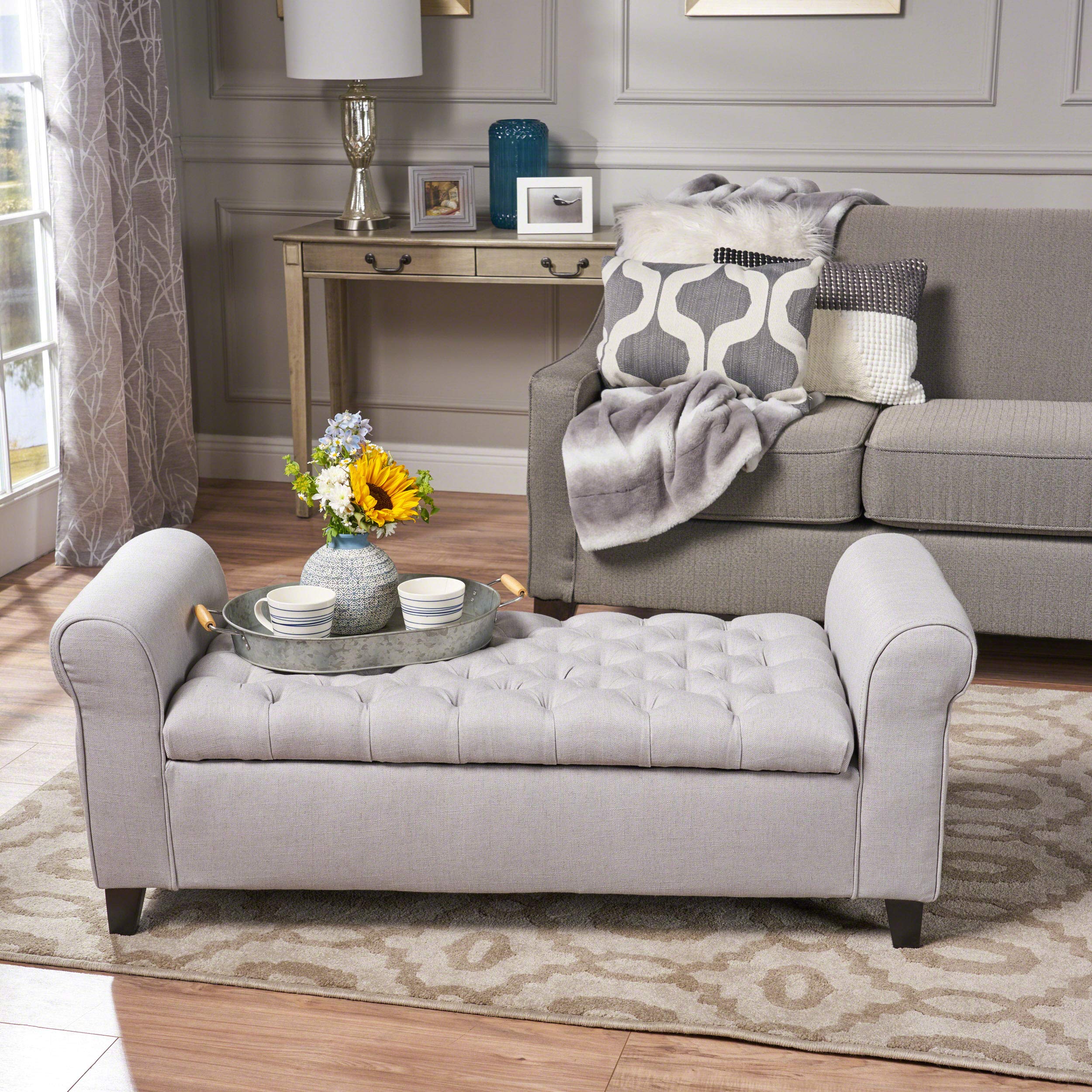 Christopher Knight Home Keiko Fabric Armed Storage Bench, Light Grey