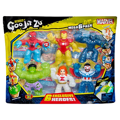 Heroes of Goo Jit Zu Marvel 6 Pack | 6 Amazon Exclusive Marvel Heroes | 4.5" Tall Action Figures | Spider-Man, Hulk, Captain America-Sam Wilson, Black Panther, Black Widow, and Iron Man