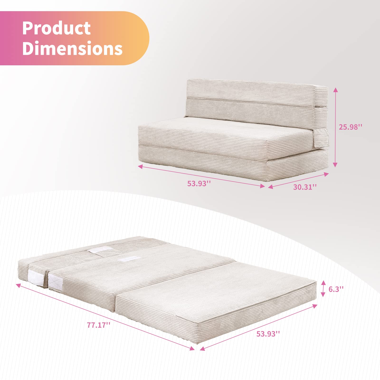 Mixoy Folding Sofa Mattress, Tri Fold Sofa Chair Bed 6.3β,Upholstered Guest Chaise,Floor Couch Sleeper,Folding Futon Sofa Bed Lounge Chaise for Guests,Living Room and Bedroom(Full Size,Beige) 1