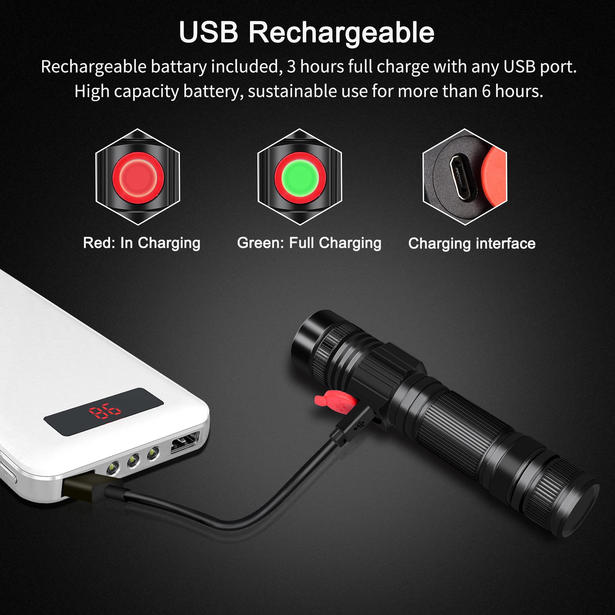 DARKBEAM USB Rechargeable LED Flashlight [2 Pack] T002 Super Bright XHP50 3000 Lumen Flash Light Lights Tactical Handheld Zoomable for Hiking, Biking, Outdoor Activity Patrol, Home, Emergency