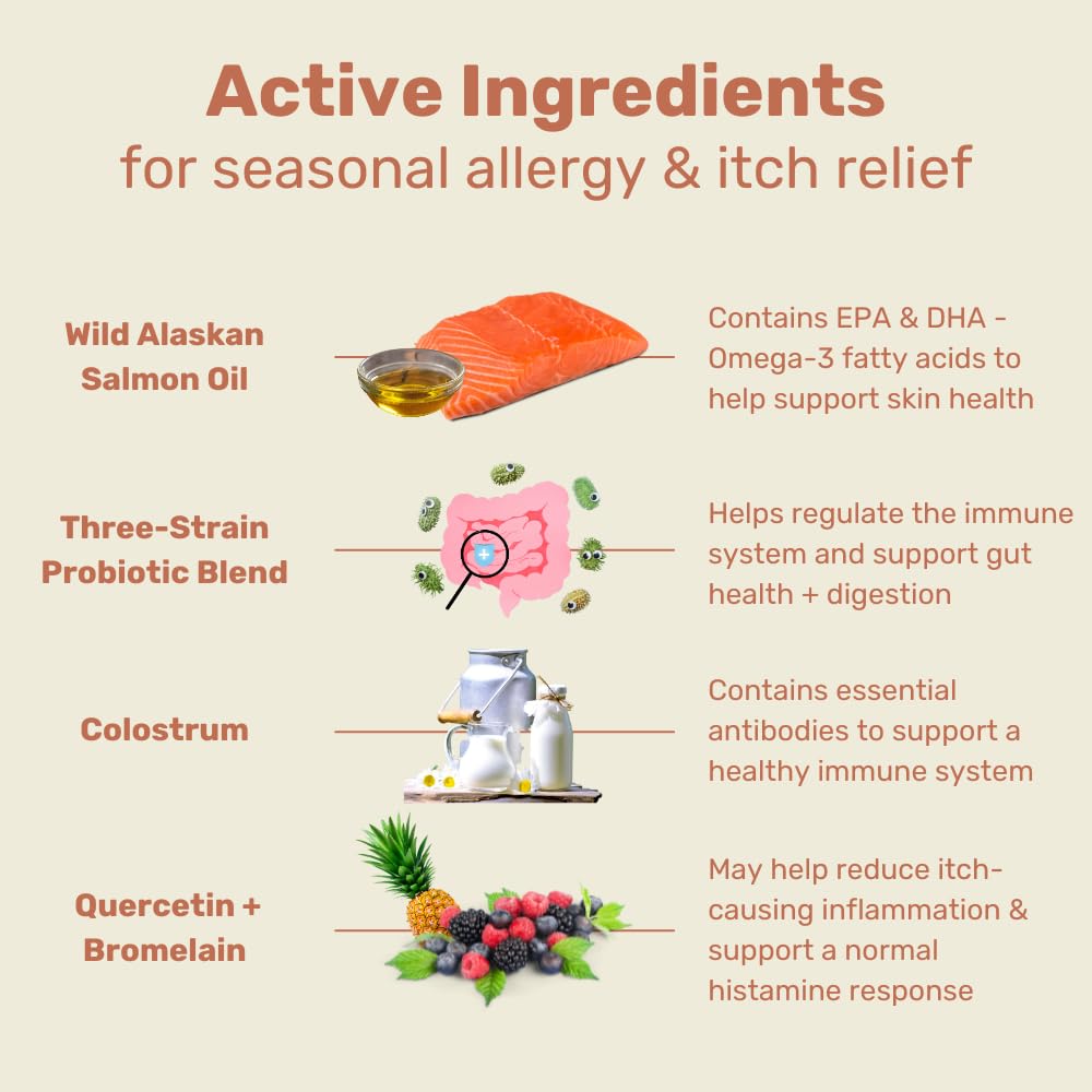 Canine Keeps Dog Allergy Chews - Itch Relief for Dogs β Omega 3 Salmon Fish Oil, Probiotics & Quercetin - Immune Support & Dog Allergy Relief Chews β Digestion + Skin & Coat Health - 90 Ct.