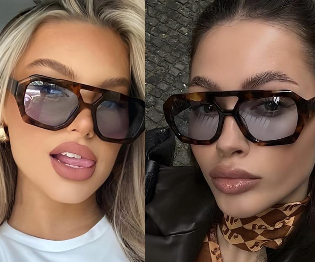 BAODAREN Trendy Aviator Sunglasses for Women Men Hexagonal Square Thick Frame Double Bridge Sun Glasses Shades BS1300 (Leopard/Light Gray)