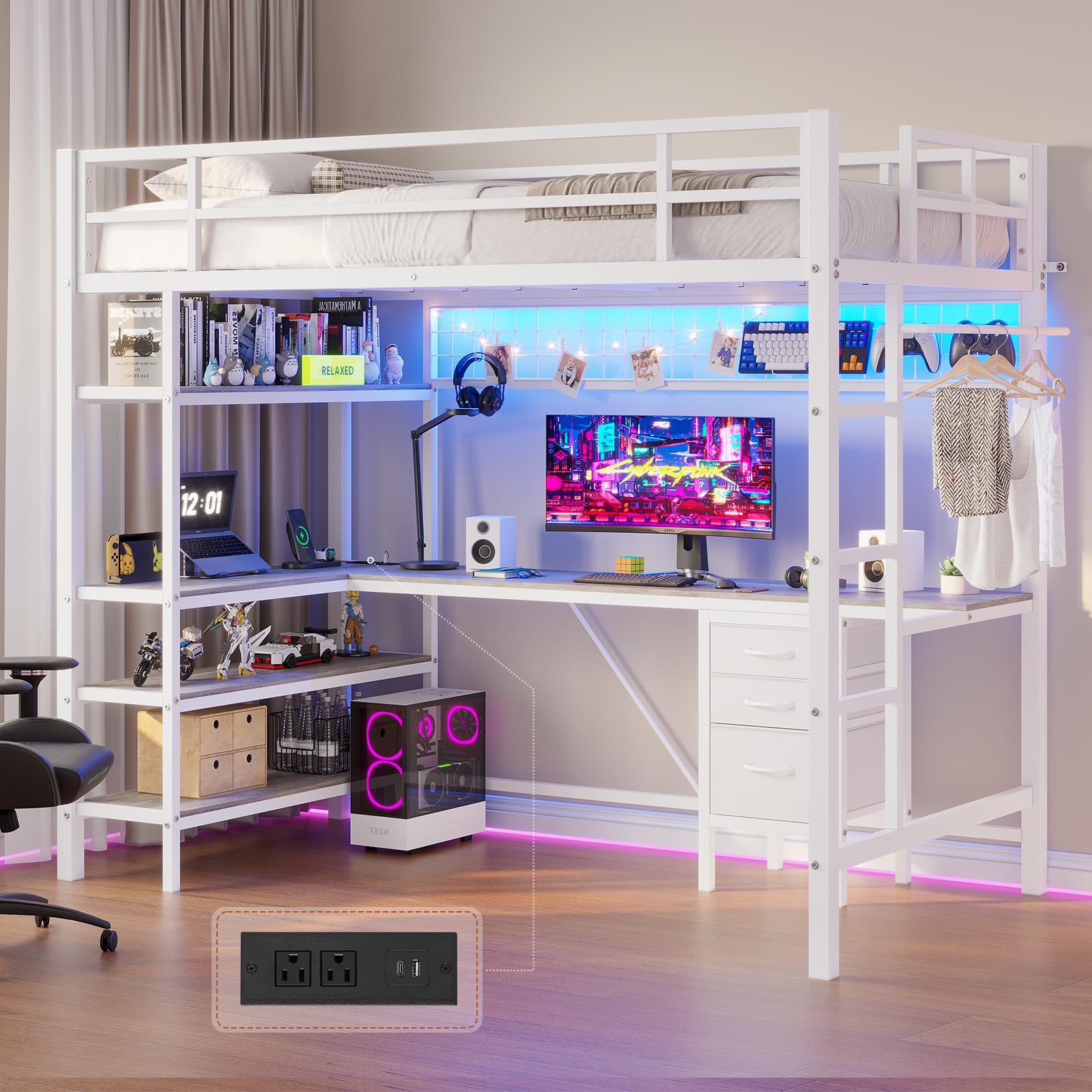 AOGLLATI Loft Bed Twin Size with L-Shaped Desk, Charging Station, LED Lights, Twin Metal Loft Bed Frame with 4 Storage Shelves,3 Fabric Drawers and Clothing Rail,No Box Spring Needed, White