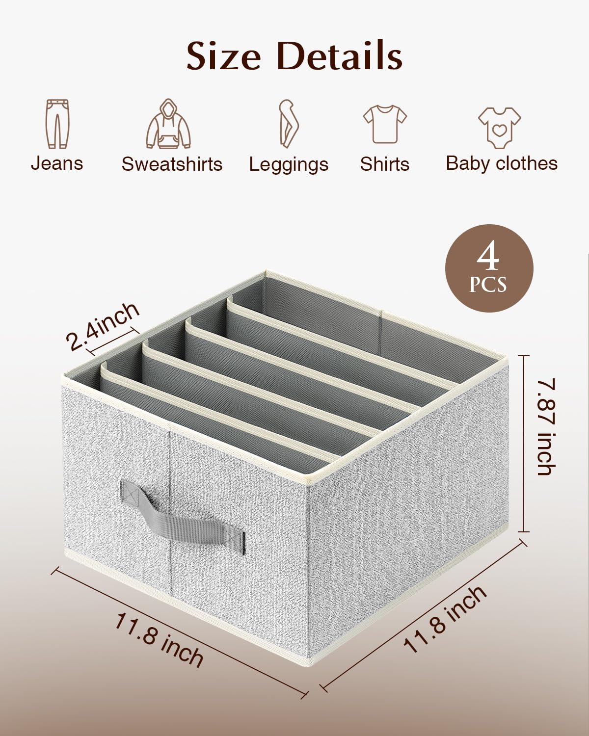 Homsorout Jeans Organizer for Closet - 4 Pack Clothes Drawer Organizer, 5-Cell Foldable Wardrobe Clothes Organizer with Handles, Closet Organizers and Storage for Jeans, T-shirts (Blended)