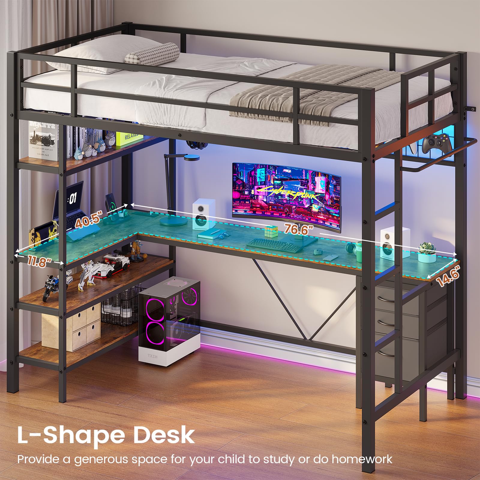 AOGLLATI Loft Bed Twin Size with L-Shaped Desk, Charging Station, LED Lights, Twin Metal Loft Bed Frame with 4 Storage Shelves,3 Fabric Drawers and Clothing Rail,No Box Spring Needed, Black