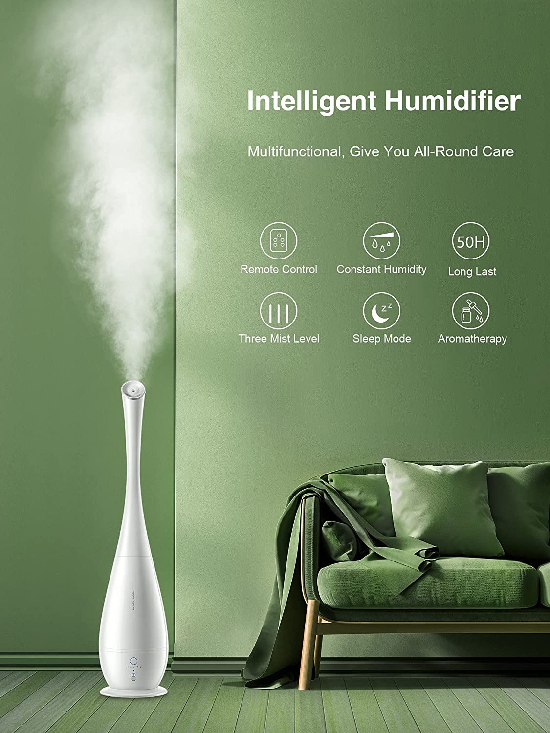 Humidifier, 5L Floor Humidifiers for Large Room with Remote Control, Cool Mist Humidifiers with Oil Diffuser Tray, Smart Humidity Last up to 50 Hours