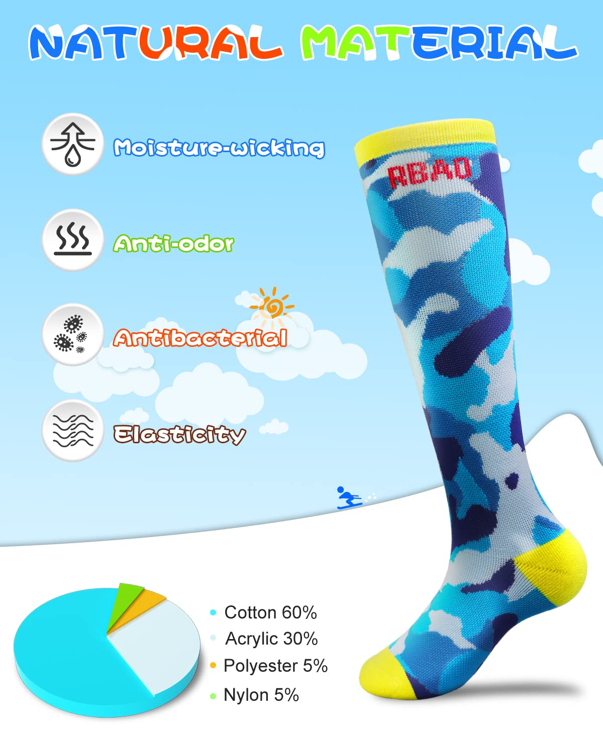 ALLWIN High Kids Ski Socks Skiing Snowboard Socks for Boys and Girls, Cold Weather Skating Outdoor Socks (M, Pattern pink+blue)