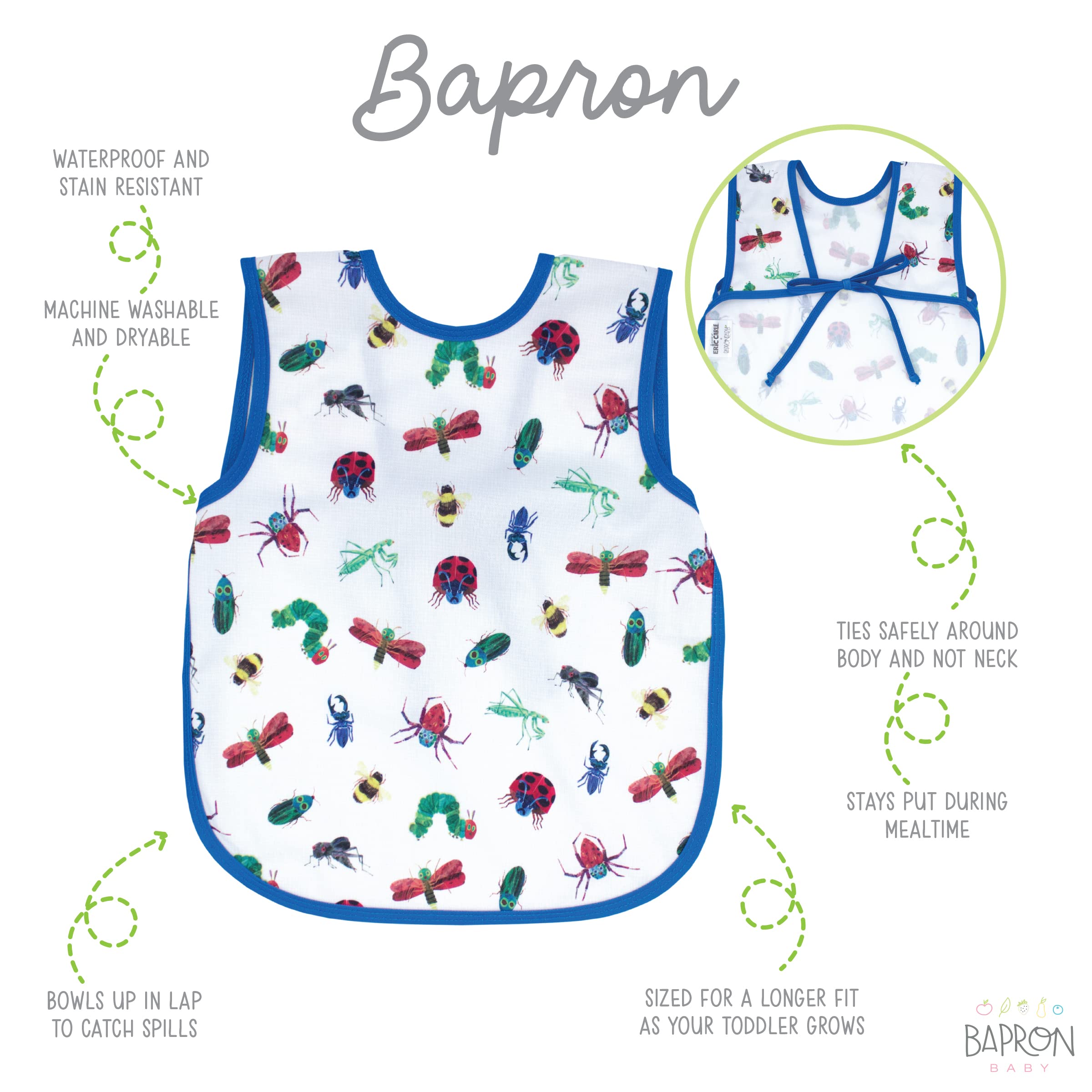 BapronBaby Eric Carle Bug World Bundle - Bapron (Sz Baby/Toddler 6m-3T) + Wet Bag 11" x 9" Bundle - Soft Waterproof Stain Resistant Bib - Machine Washable