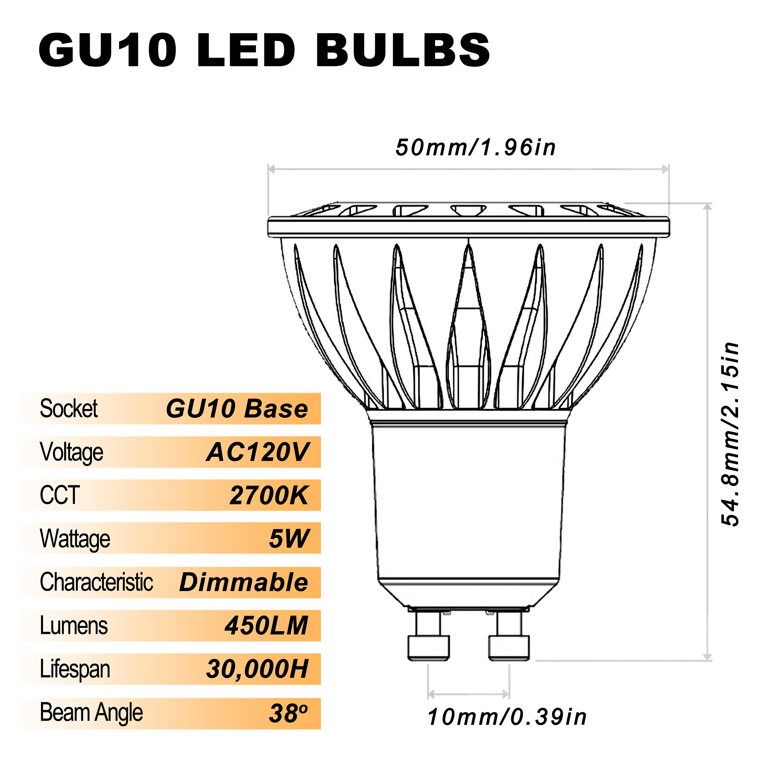 ALIDE GU10 Led Light Bulbs Dimmable AC120V,25W 35W 50W Halogen Replacement,2700K Warm White,MR16 GU10 Dimmable 2 Prong Base 5W Led Track Bulbs,450LM,38 Degrees,6Pack