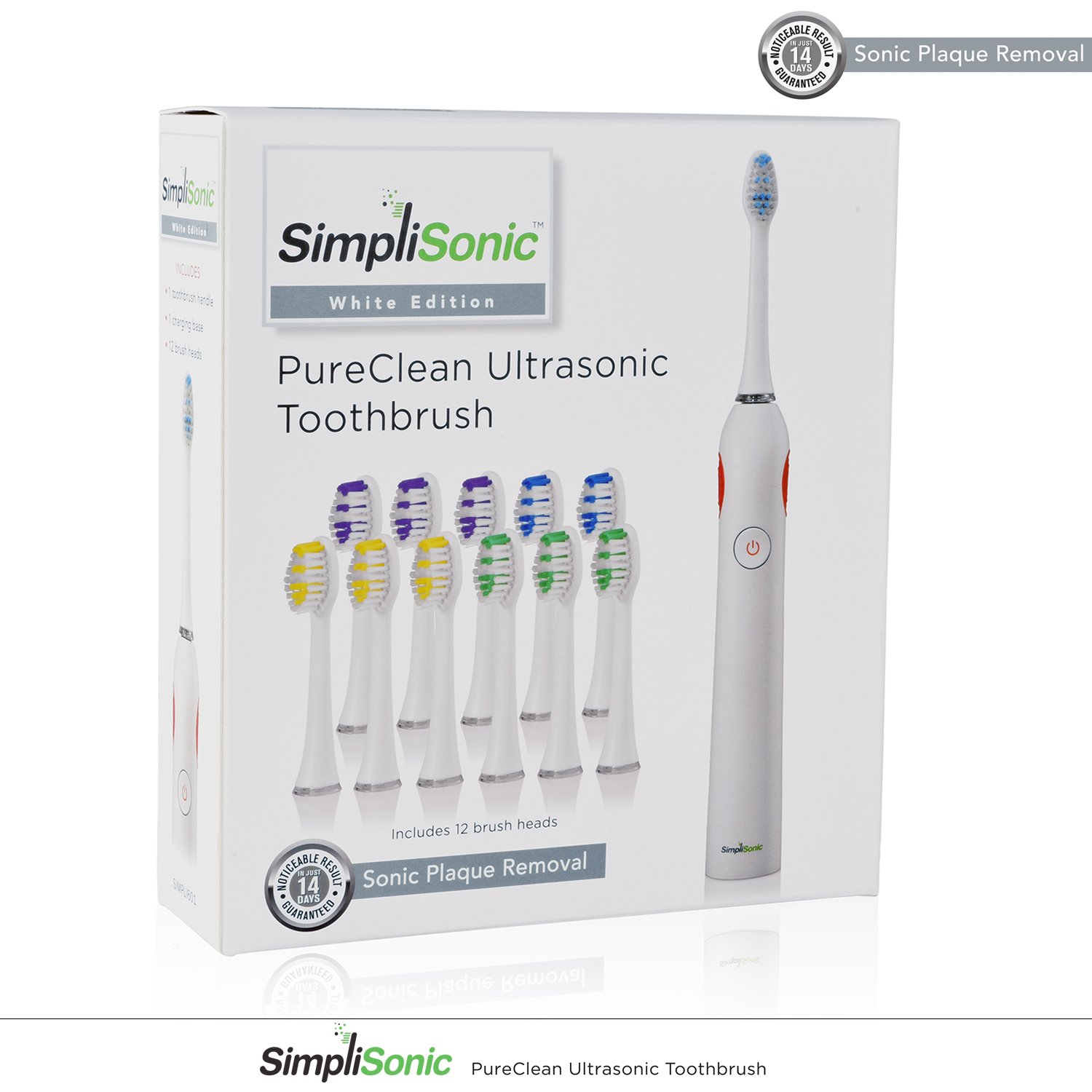 SimpliSonic Ultrasonic Rechargeable Electric Toothbrush Premium Package w/ 12 Heads (White)