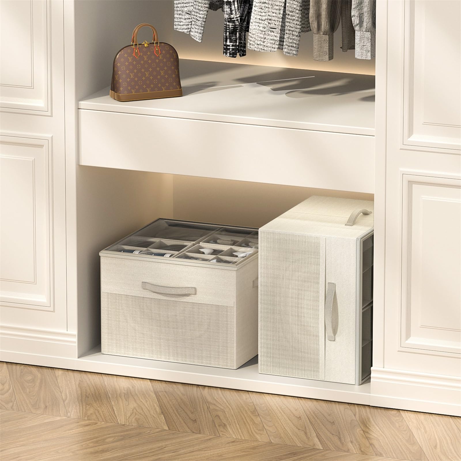 Aokeyee Shoe Organizer for Closet,2 Pack Foldable Shoe Storage Organizer Box Bin w/Adjustable Dividers and Clear Cover, Fits up to 16-32 Pairs, (Beige)