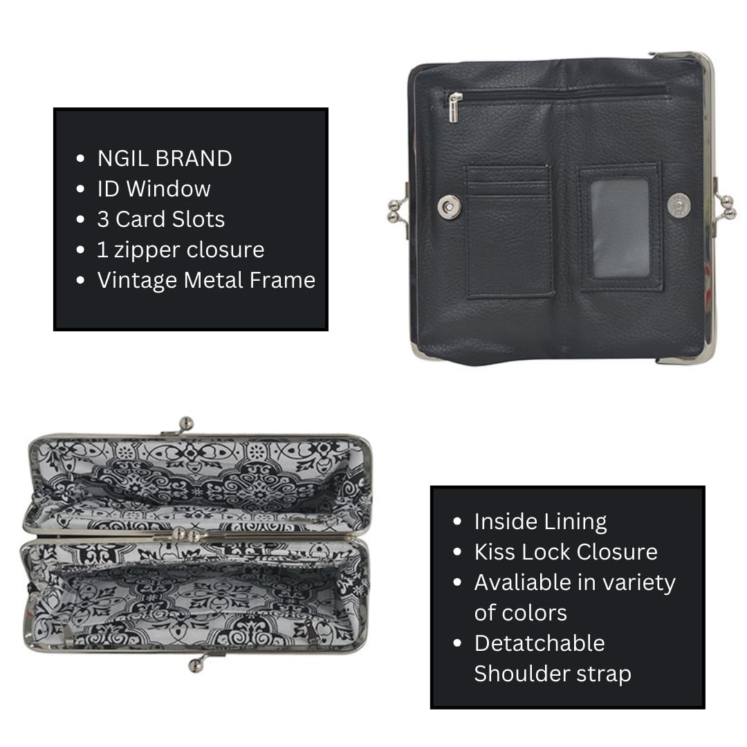 Double Frame Vintage Style Clutch Purse Wallet, Clutch Purses for Women, Wallet Women, Clutch, Travel Wallet Womens (Black)