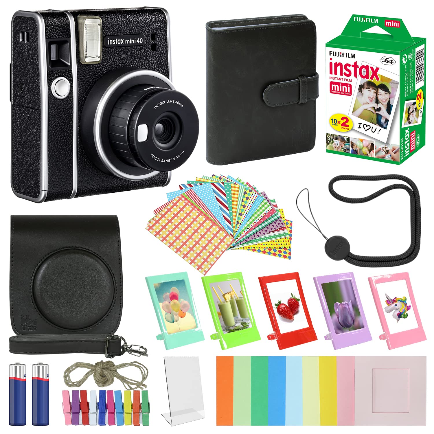 Fujifilm Instax Mini 40 Instant Film Camera Black with Carrying Case + Fuji Instax Instant Film 20 Sheets Accessories Bundle, Photo Album, Assorted Frames + More