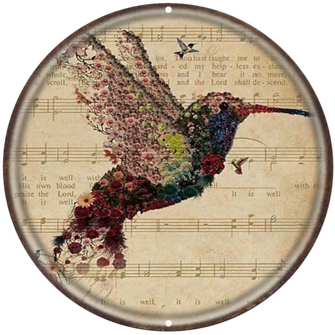 WZVZGZ Vintage Style Round Tin Sign Music Sheet Well with My Soul Hummingbird,Round Metal Sign Plaque for Home Garden Kitchen Bar Cafe Restaurant Garage Retro Vintage Wall Art 12x12 Inch