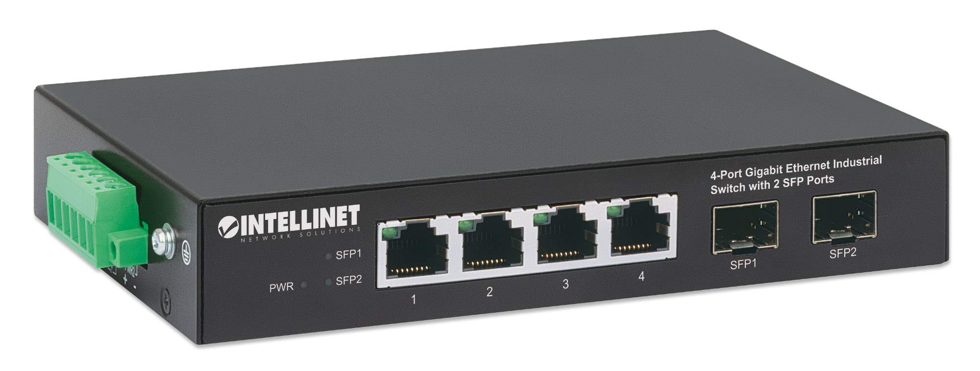 Intellinet 4-Port Industrial Gigabit Ethernet Switch with 2 SFP Ports-IP40 Rated Metal Housing, DIN-Rail Mount, Terminal Block Powered–for Computer Desktop Internet Networking-3 Yr Mfg Warranty-508247