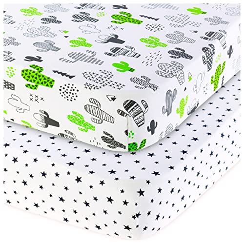 Handywa - 100% Cotton 2 Pack Fitted Crib Sheet Set for Baby and Toddler Bed Mattresses - Green Cactus and Black Stars for Boy or Girl Nursery