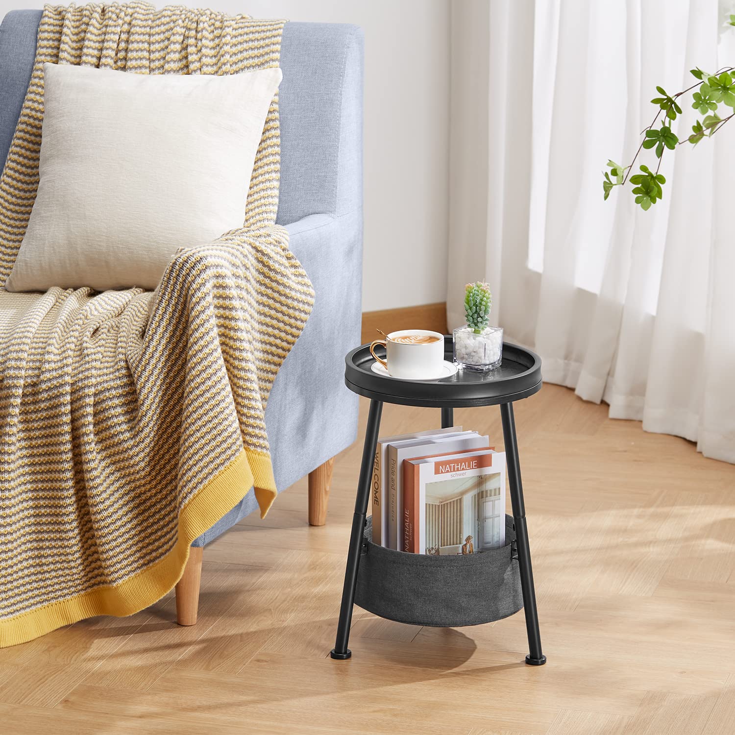 LEMONDA Small Round End Table, 2 Tier Round Side Table with Storage Basket,11.8”D*17.8”H Small Round Table,Sofa Side Table,Small Round Nightstand for Living Room Bedroom