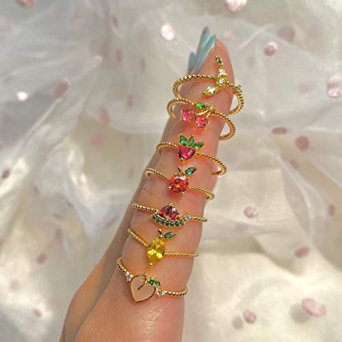 Aloecye Cute Fruit Basket Ring Set 14K Gold Plated CZ Stackable Tropical Fruit Cherry Pineapple Peach Band Ring Gift for Women Girls