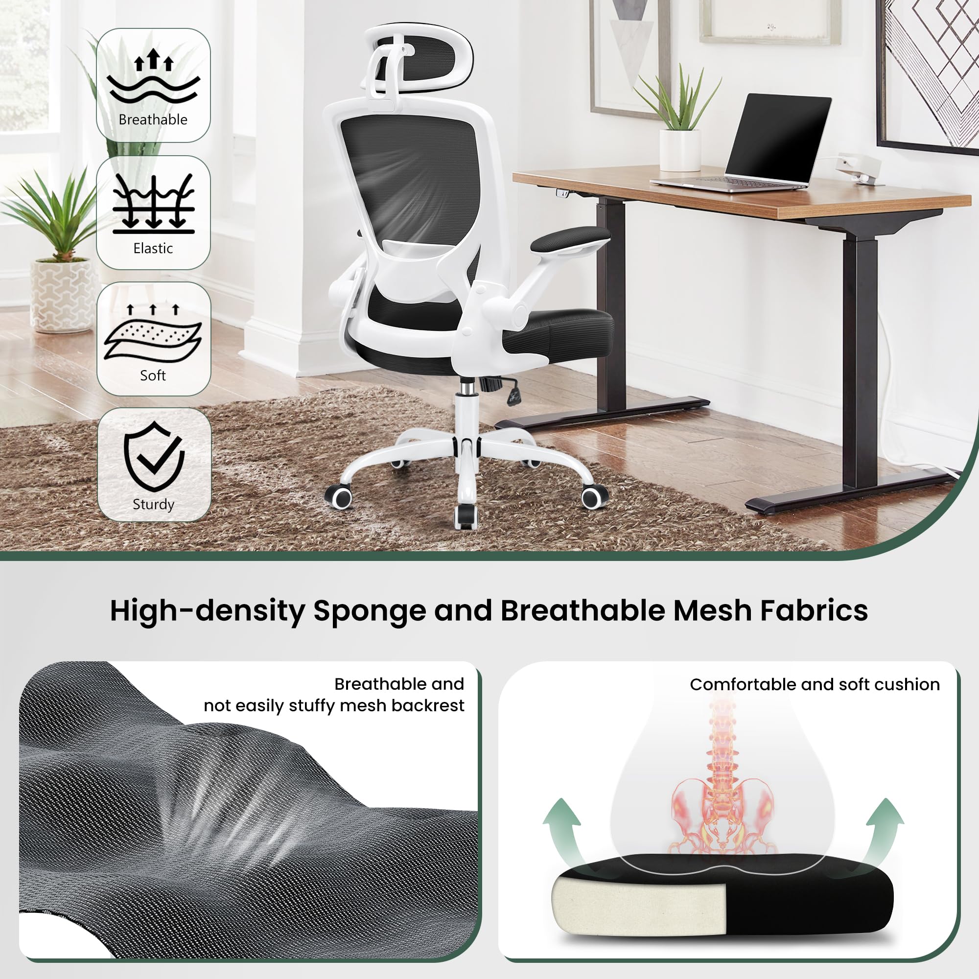 KERDOM Ergonomic Office Chair, Breathable Mesh Desk Chair, Lumbar Support Computer Chair with Headrest and Flip-up Arms, Swivel Task Chair, Adjustable Height Gaming Chair, White