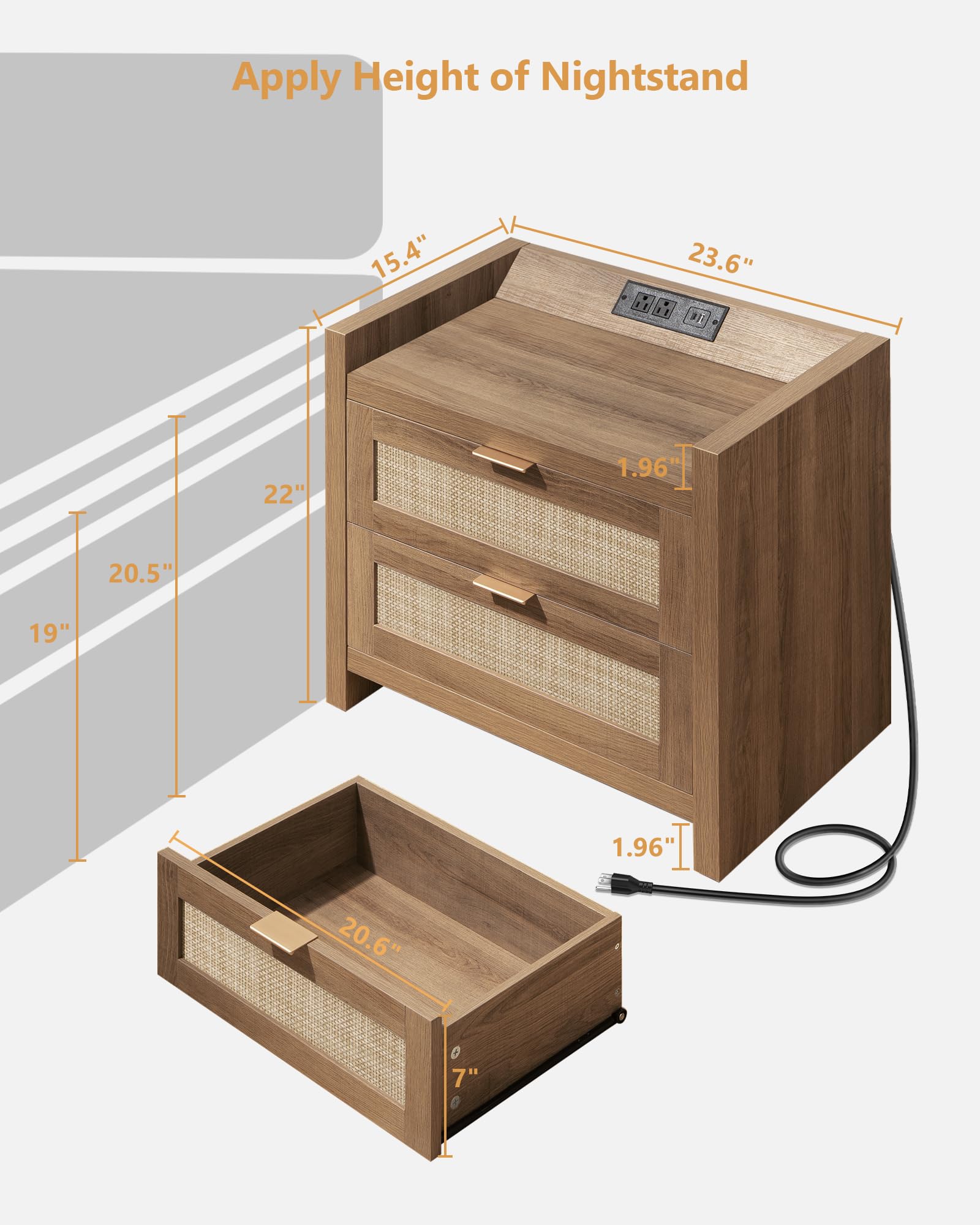 SICOTAS Night Stand Set of 2 - Rattan Nightstands with Type-C Charging Station, 2 Rattan Drawers - Boho Wood Bed Side End Table for Small Space - Natural Oak