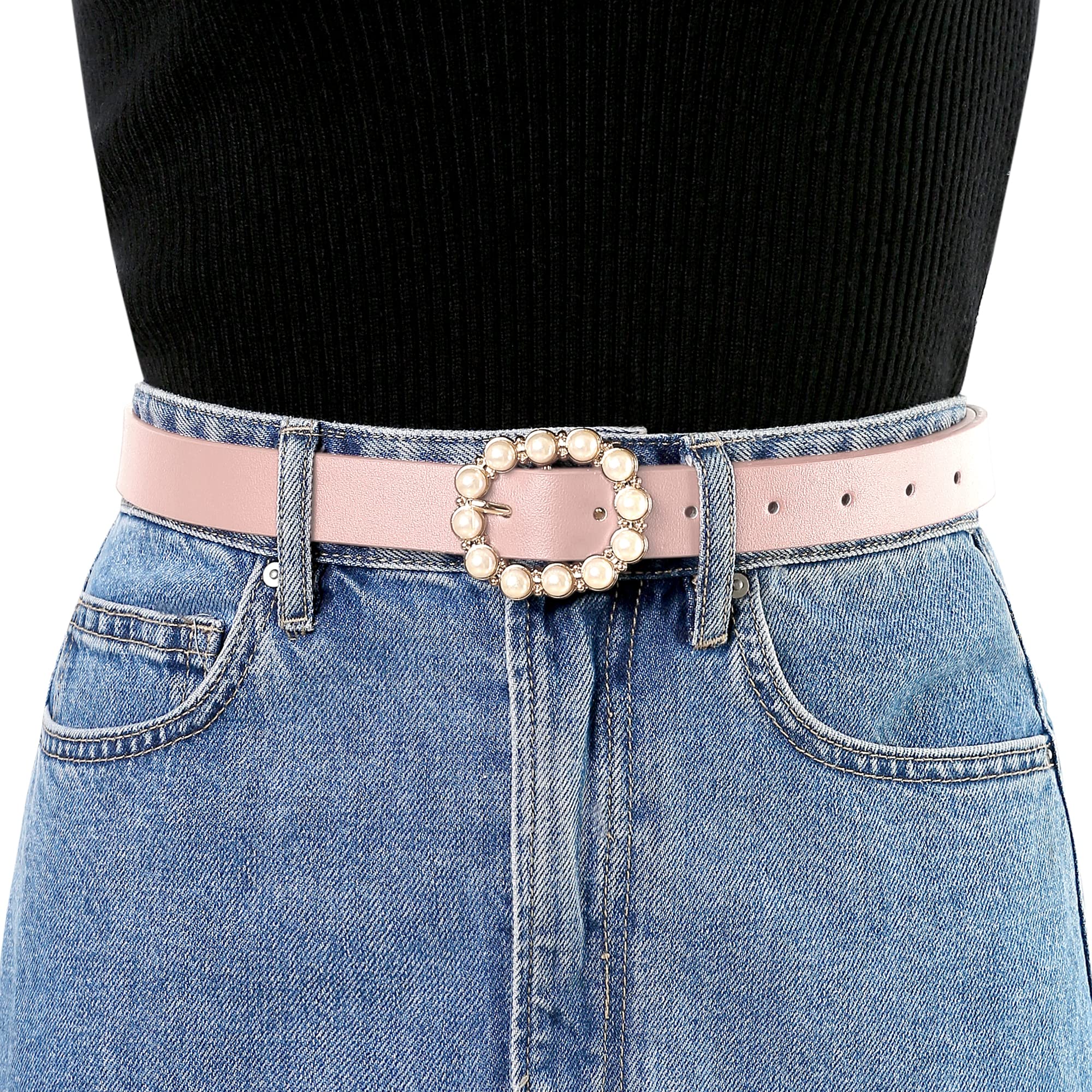 Allegra K Womens Pearl Waistband Skinny Leather Adjustable Pin Buckle Belt for Jeans Dresses Pants 75-90cm/29.53"-35.43" Light Pink