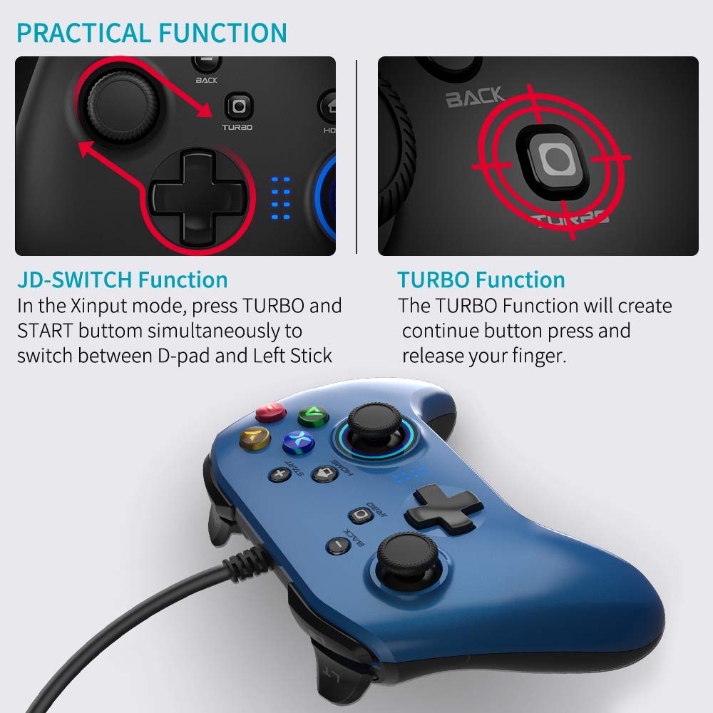 ALPIAZ Wired Gaming Controller, Joystick Gamepad with Dual Vibration, PC Game Controller for PS3 Switch Windows 10 8 7 PC Laptop TV Box Android Phones, Navy Blue