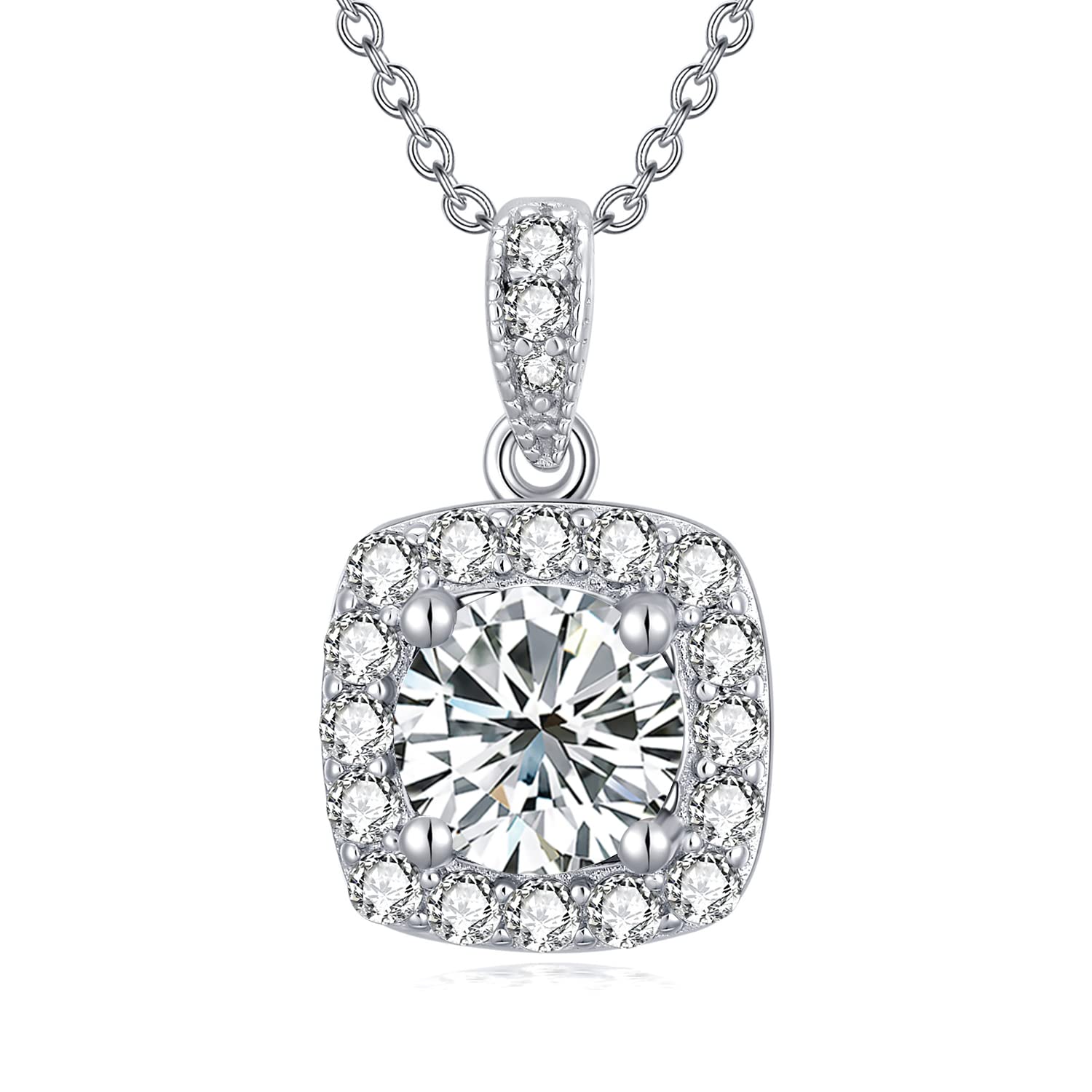AHTAMOS Moissanite Necklace 1ct 6.5mm 18k White Gold Plated Silver D Color Round Brilliant Cut Halo Pendant Necklace for Women 18+2 Inches Style 1