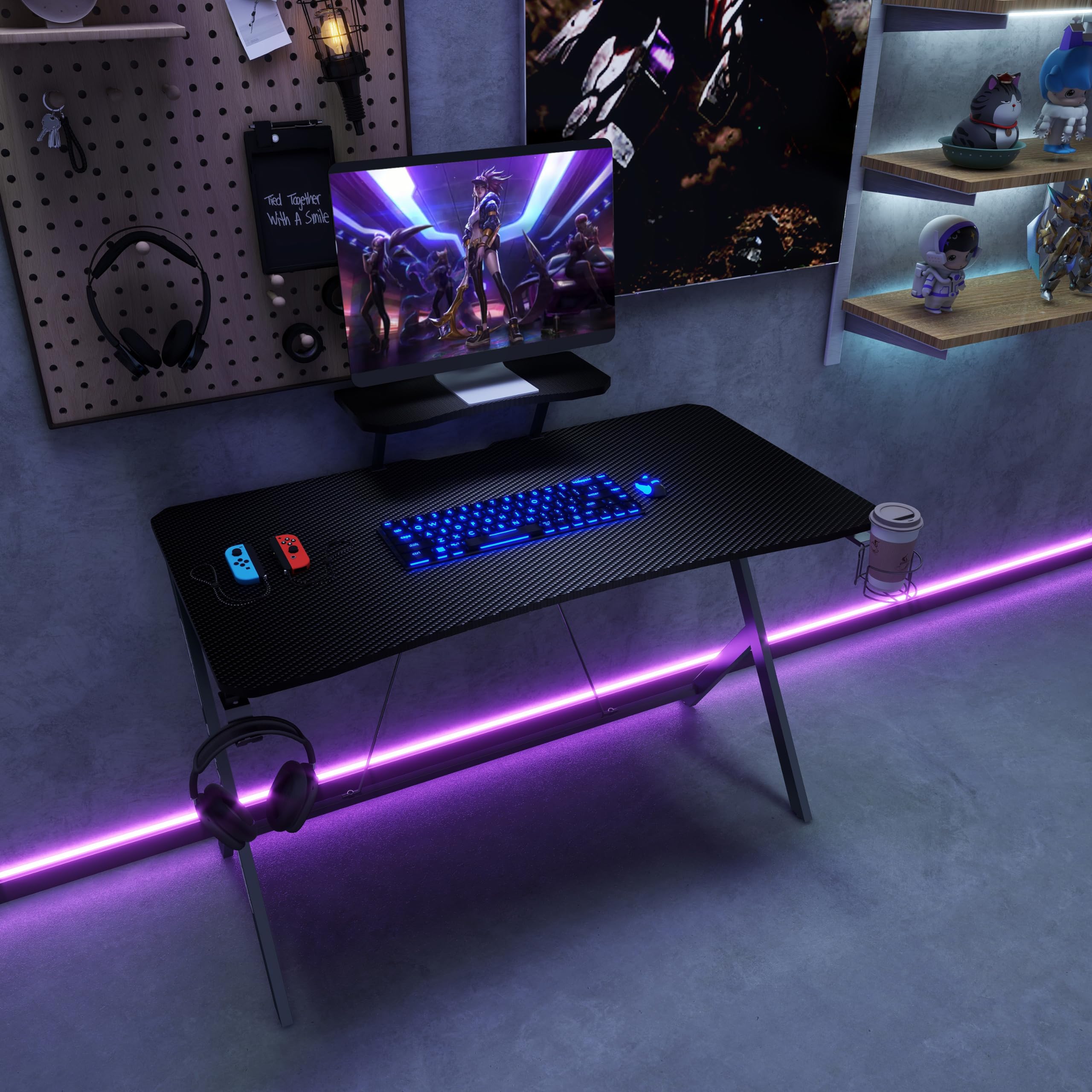 DEILALY 45IN Gaming Desk Gamer Table Carbon Fiber Surface Computer Table Gamer Desk with Monitor Shelf Office Home Study Desk Work PC Table Steel Legs Corner Desk Black