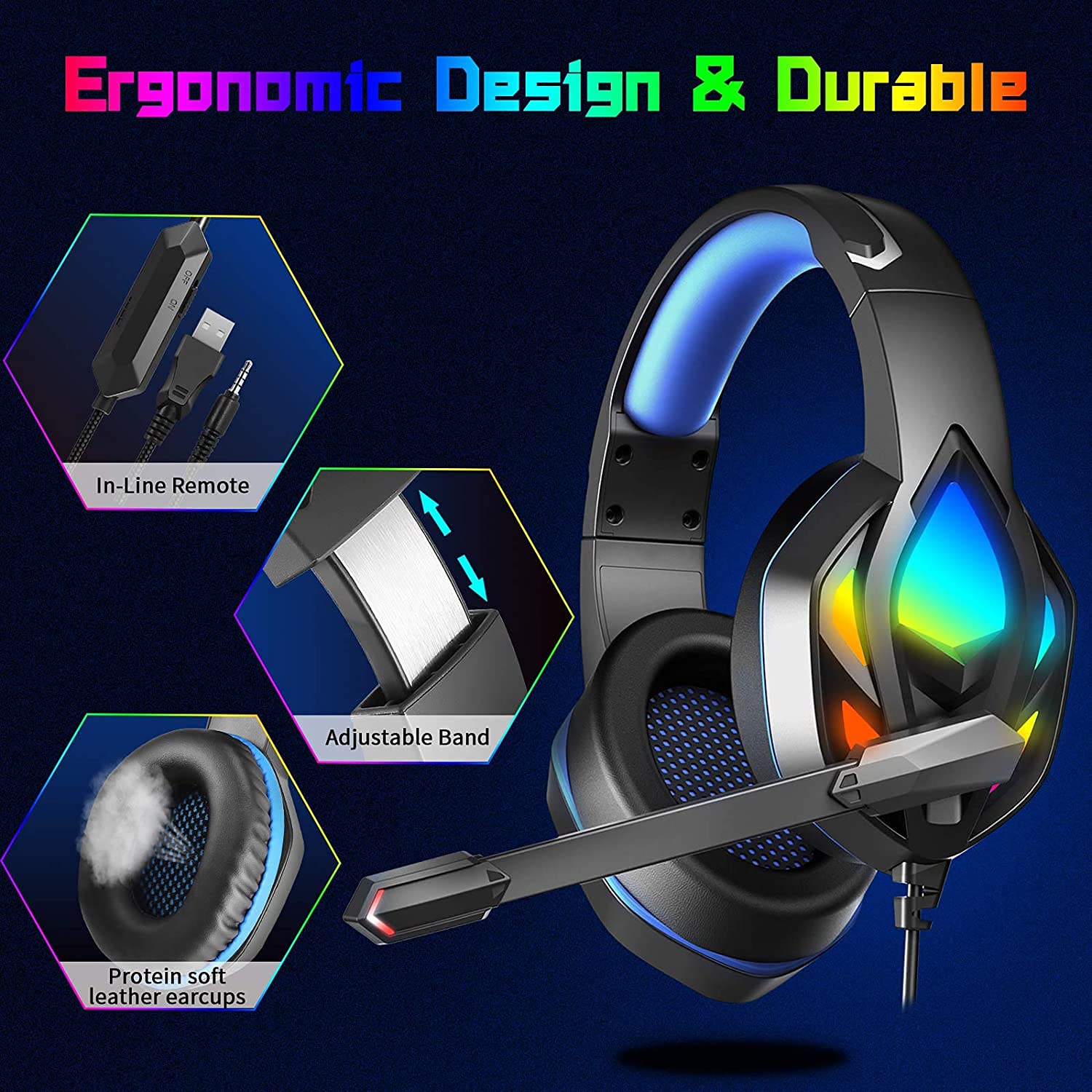 Donerton Gaming Headset, Over-Ear Gaming Headphones with Noise Canceling Mic, Stereo Bass Surround Sound, LED Light, Soft Memory Earmuffs PS4 Gaming Headset Compatible with PC, Laptop,Tablet