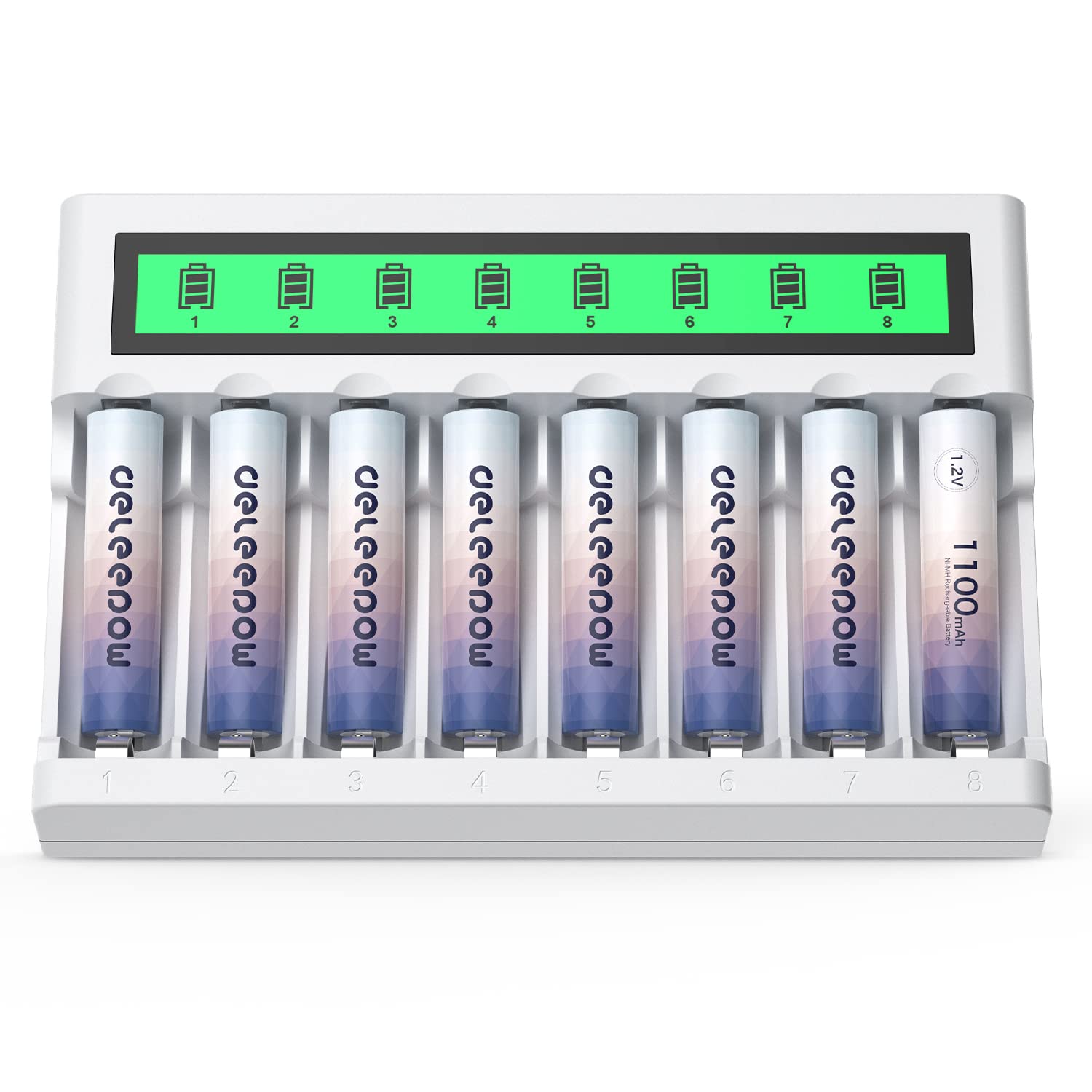 Deleepow AAA Rechargeable Batteries 1.2V 1100mAh 1200 Cycle Nimh Triple A Battery 8 Count with Micro USB and USB-C 2 Charging Port 8 Slot Smart Charger