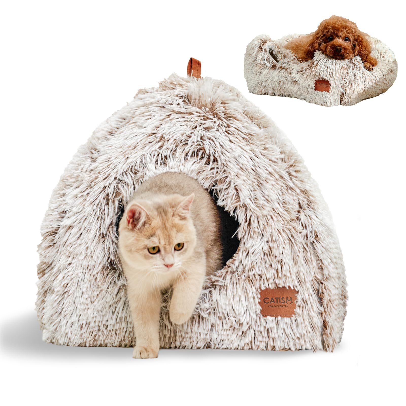CATISM Cat Bed, Cat Cave for Indoor Cats, Soft Cat Dome, Self-Warming 2 in 1 Foldable Pet Cat House with Washable Cushioned Pillow Calming Fluffy Dog Beds for Small Dogs with Anti-Slip Bottom Brown