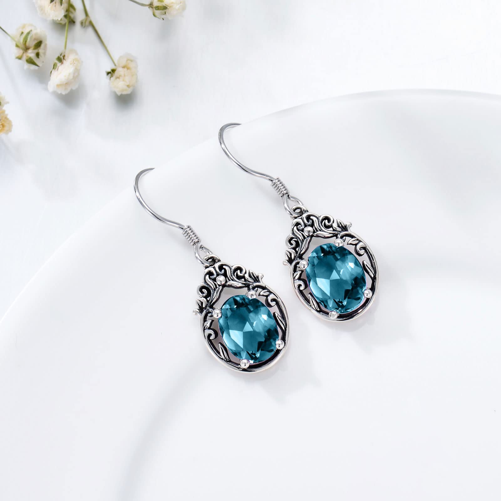 Althum Natural Topaz Earrings 925 Sterling Silver 7 x 9 MM Genuine London Blue Topaz Dangle Earrings for Women