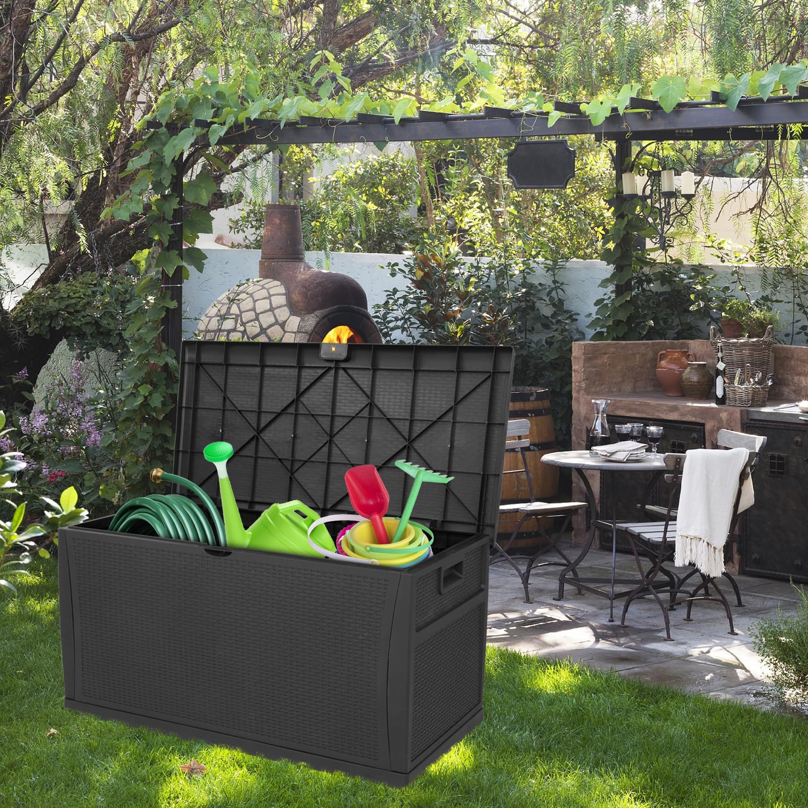 VINGLI 120 Gallon Large Deck Box Outdoor Storage Box with Lid, Plastic Patio Furniture Container Bin Rattan Grain Surface for Cushions Books Garden Tools Pool Accessories (Grey)