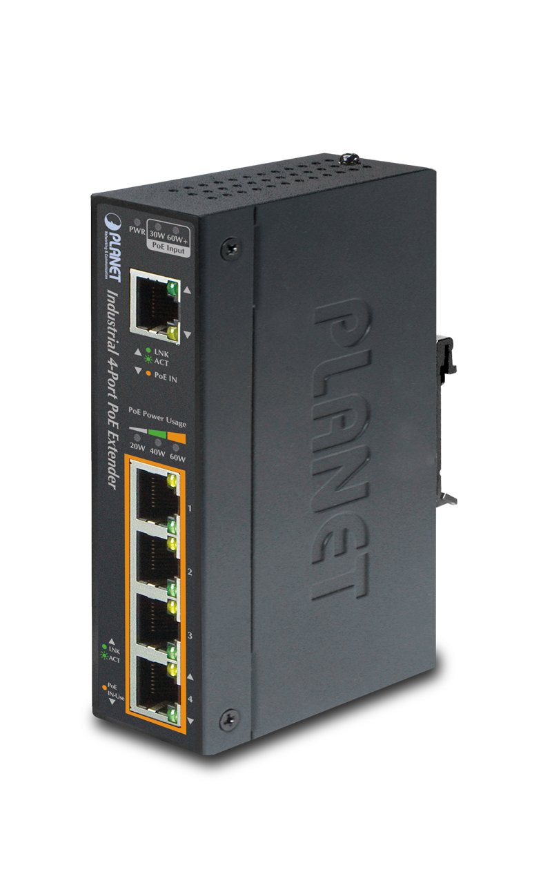 IPOE-E174 IP30 Industrial 1-Port 60W Ultra POE to 4-Port 802.3af/at Gigabit POE Extender (-40 to 75°C)