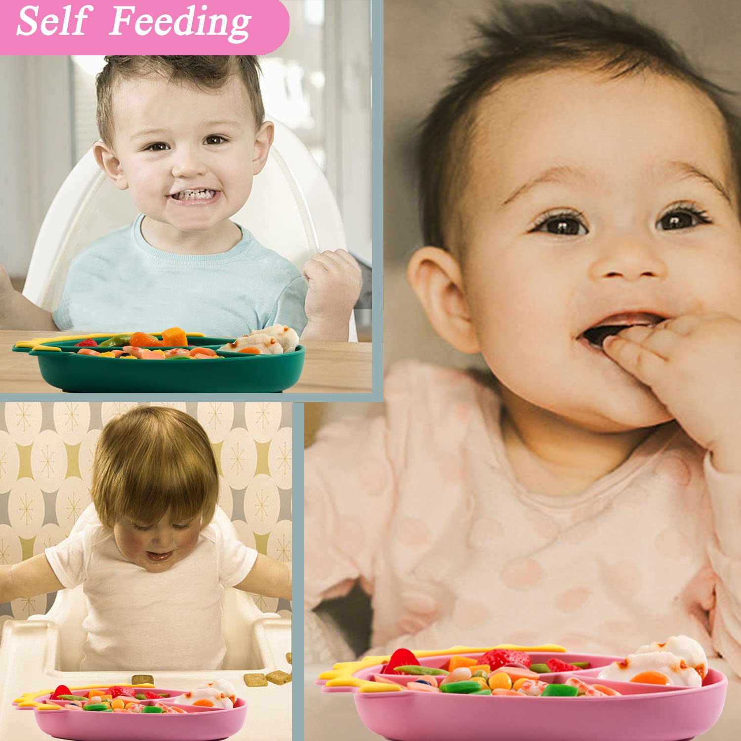 KAVONOI Baby Feeding Set,Silicone Suction Plate Dinosaur Shape SelfFeeding Adjustable Bib, Suction Plate for Baby Toddler with Spoon Fork Adjustable Bib Set -Pink Dinosaurs