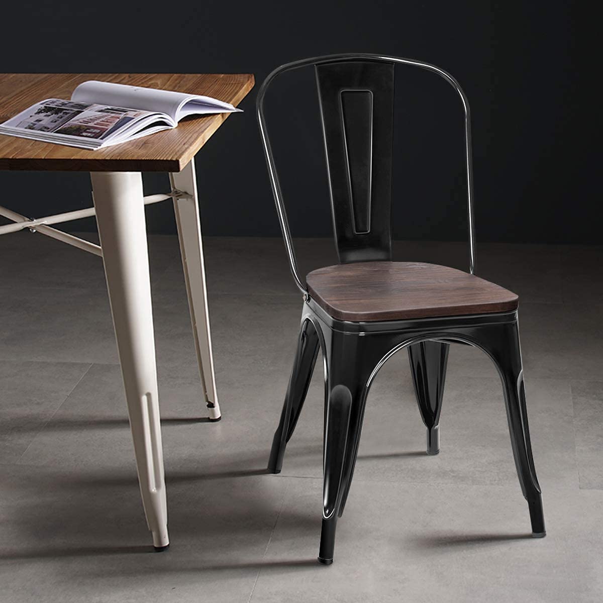 S AFSTAR 18 Inch Dining Chair Set of 4, Stackable Metal Chairs w/Wood Top Seat, Bistro Cafe Side Chair w/High Backrest for Kitchen Patio Restaurant Indoor (Black)