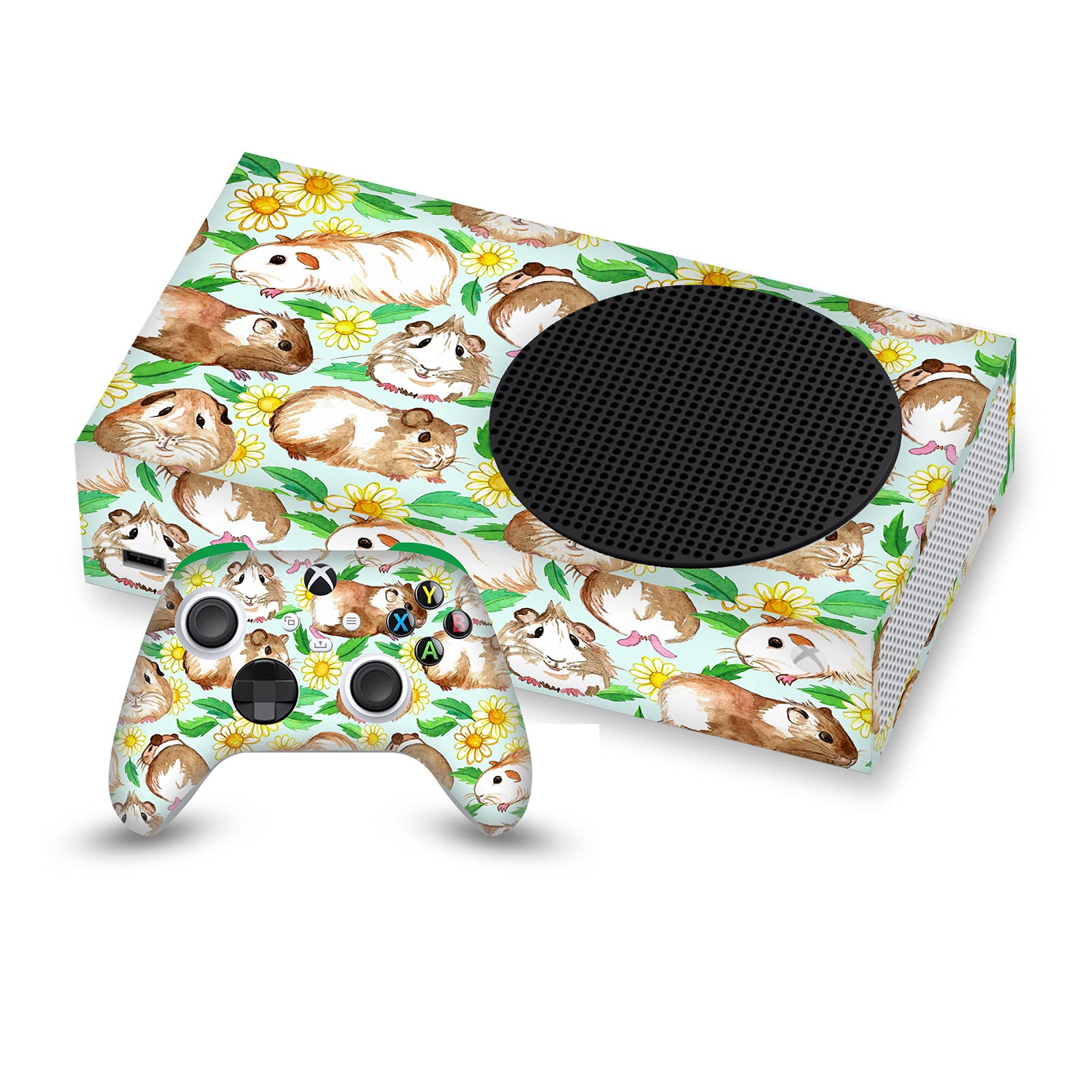 Guinea Pigs and Daisies in Watercolour On Mint Art Mix Vinyl Sticker Gaming Skin Case Cover Compatible with Xbox Series S Console and Controller Bundle