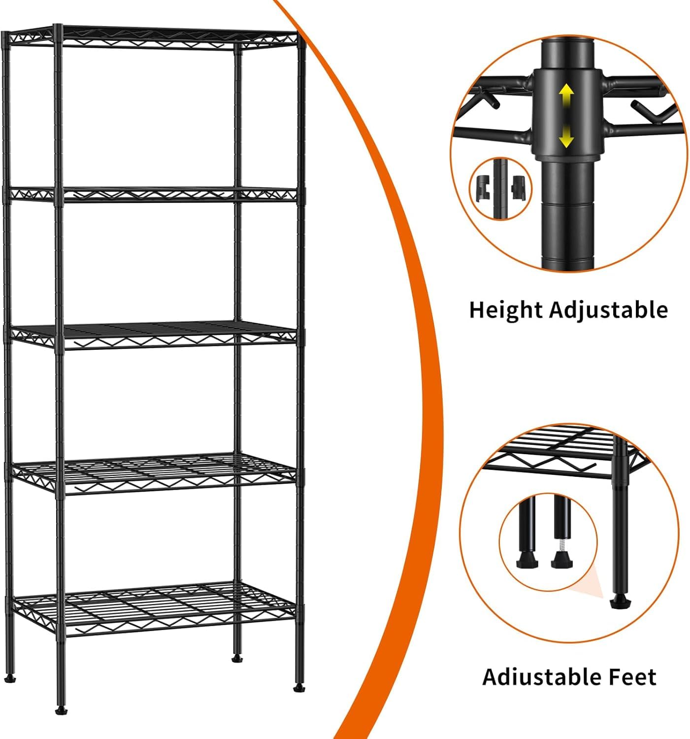 FLL Wire Shelving Unit 5-Tier NSF-Certified Heavy Duty Commercial Grade Metal Storage Shelves, 14" D x 24" L x 60" H Adjustable Wire Rack Shelving for Bathroom Kitchen Pantry Closet (Black)