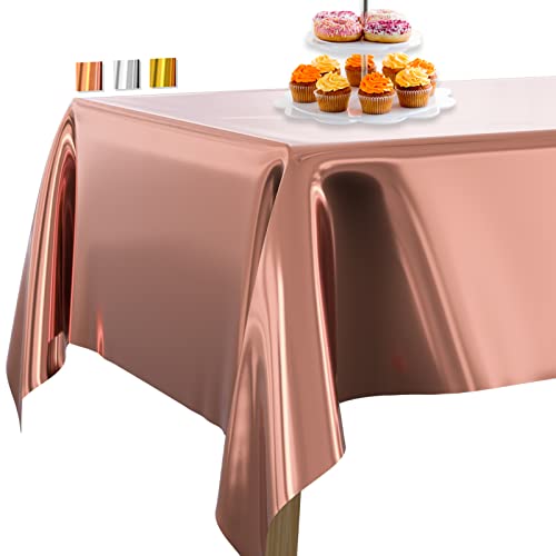 PartyWoo Rose Gold Foil Tablecloth, 54 x 108 Inch Rectangle Party Tablecloth, Foil Tablecloth for 6 to 8 Foot Table, Metallic Table Cover, Plastic Table Cloth, Waterproof for Birthday Wedding (1 PACK)