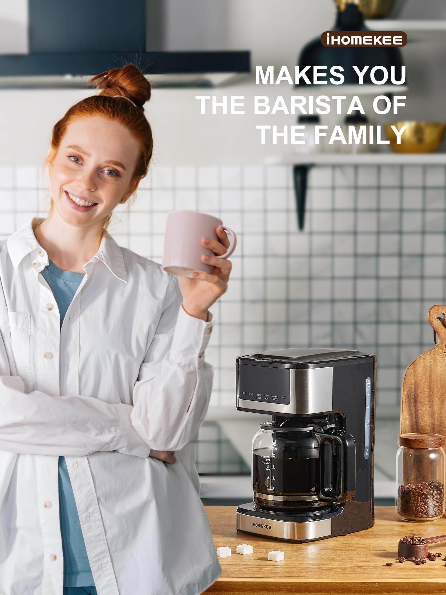 Ihomekee Programmable Drip Coffee Maker 12 Cup, Coffee Machine with Iced Coffee Function, Touch Screen, Regular & Strong Brew, Coffee Pot for Home and Office, Auto Shut-Off Function