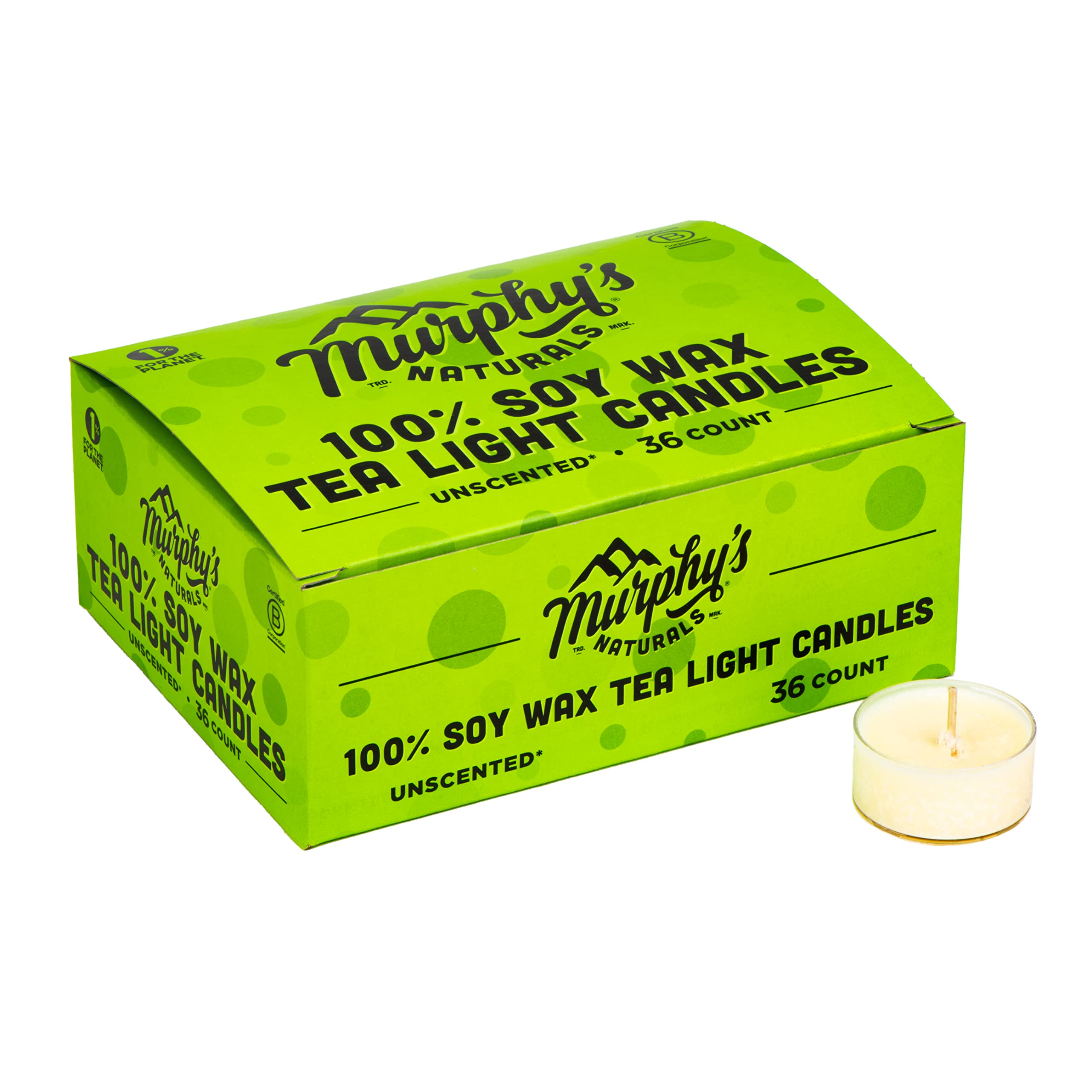 Murphyās Naturals Soy Wax Tea Light Candles | Vegan | Responsibly Sourced Soy Wax | Fragrance Free | 36 Candles Per Box