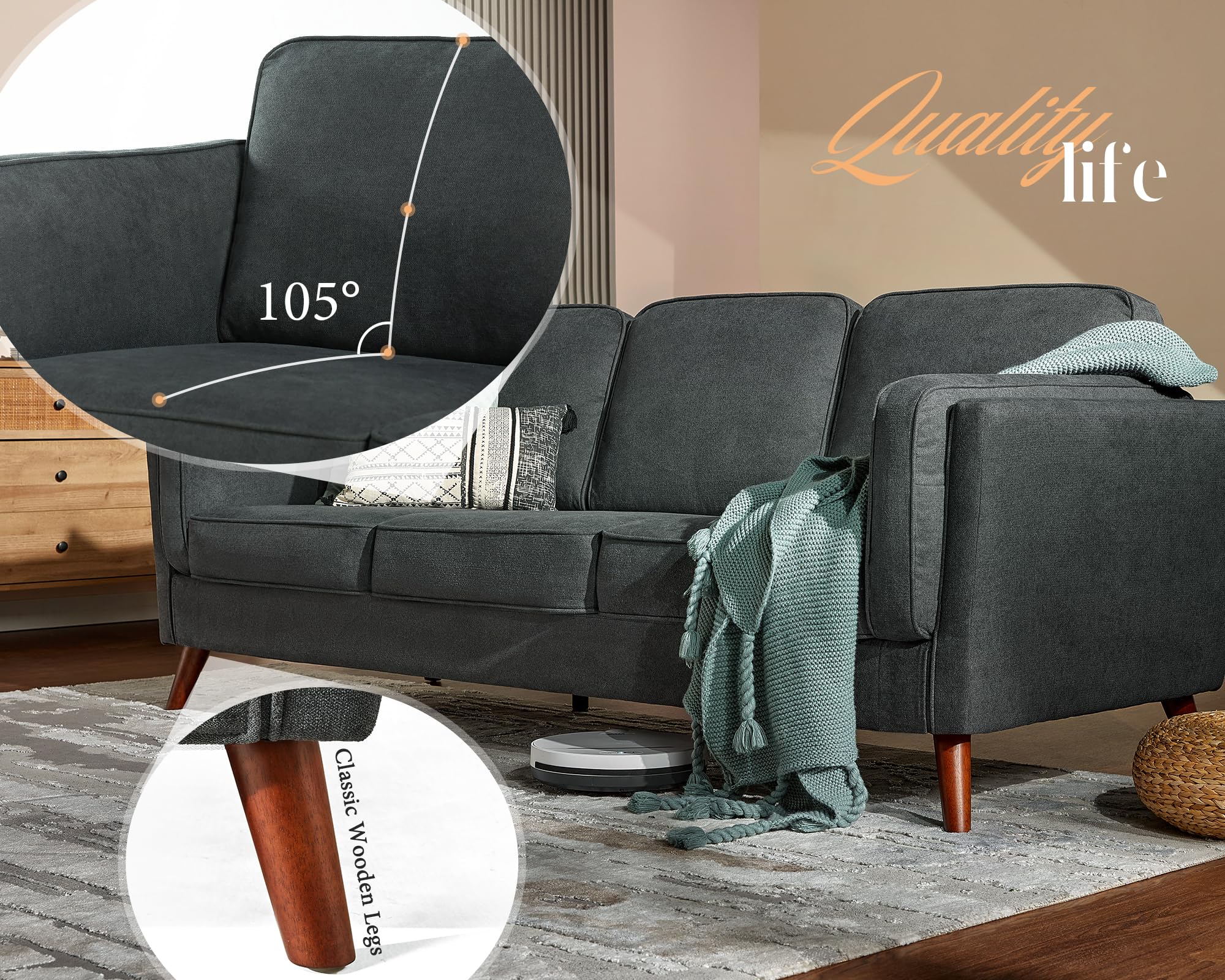 VanAcc 87in Sofa Modern Sofa Couch - Embedded Arm Pillow 3 Seater Sofa Deep Seat Sofa for Livingroom House, Dark Grey