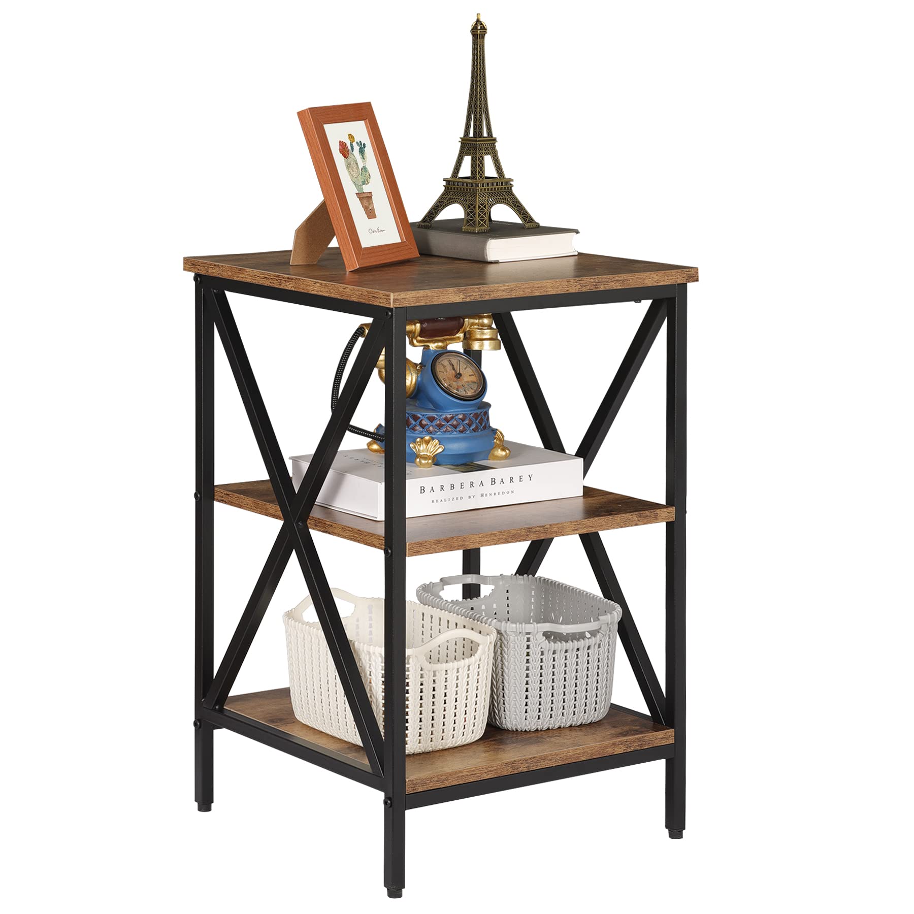 ZenStyle End Table 3-Tier X-Design Side Table with Storage Shelves Sofa Side Table Storage Organizer Display for Living Room, Bedroom, Office, Nursery Room, Brown