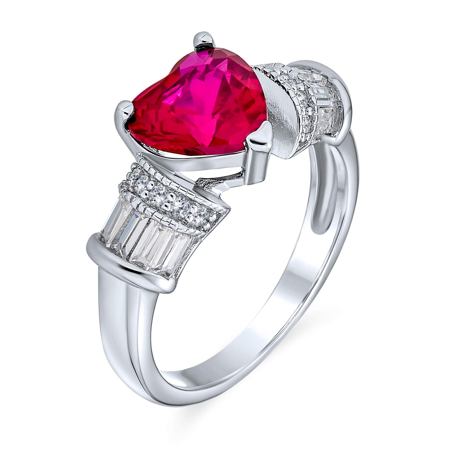 Art Deco Style 2.5CT Red Pink Heart Shape Solitaire CZ Engagement Ring Baguettes Side Stones Simulated RED Ruby .925 Sterling Silver Promise Ring