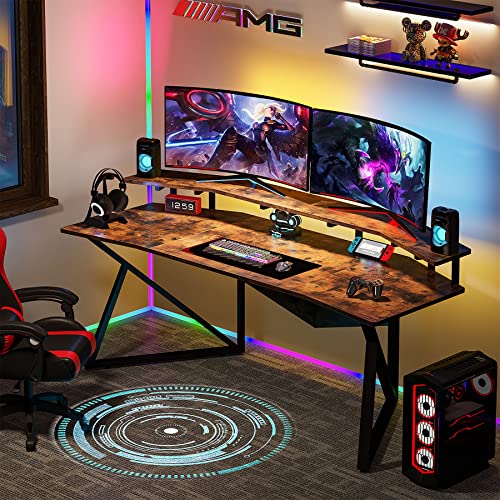 LITTLE TREE 70.9" Large Computer Desk Home Office Desk Wing-Shaped Gaming Studio Desk, Rustic Brown
