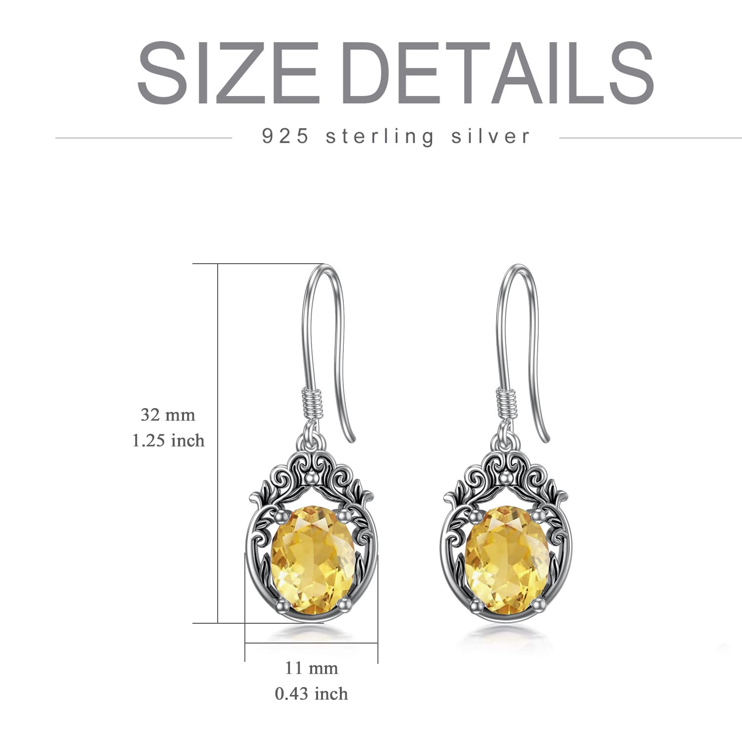 Althum Citrine Earrings 925 Sterling Silver 7x9mm Oval Cut Genuine Yellow Citrine with Vintage Filigree Drop Dangle Earrings for Women