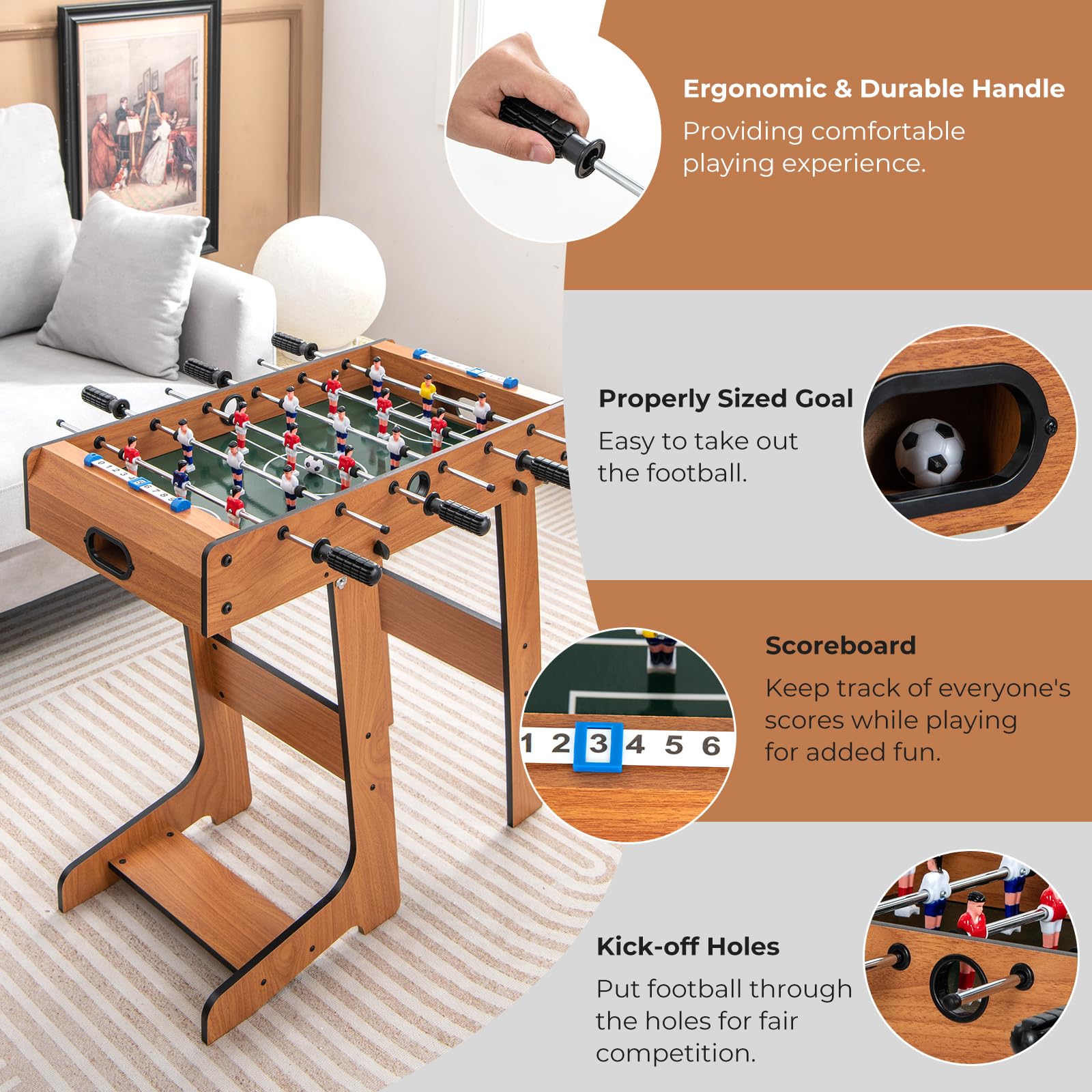 GYMAX Folding Foosball Table, 27” Freestanding Soccer Game Table with 2 Balls for Family, Home, Game Room, Foosball Table for Kids & Adult
