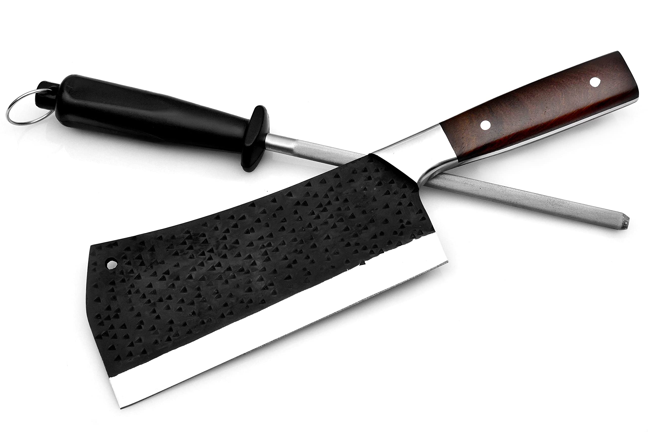 ALZAFASH Handmade Horizontal Carry Knife with Sharpening Steel, Fixed Blade Knife with Honing Rod