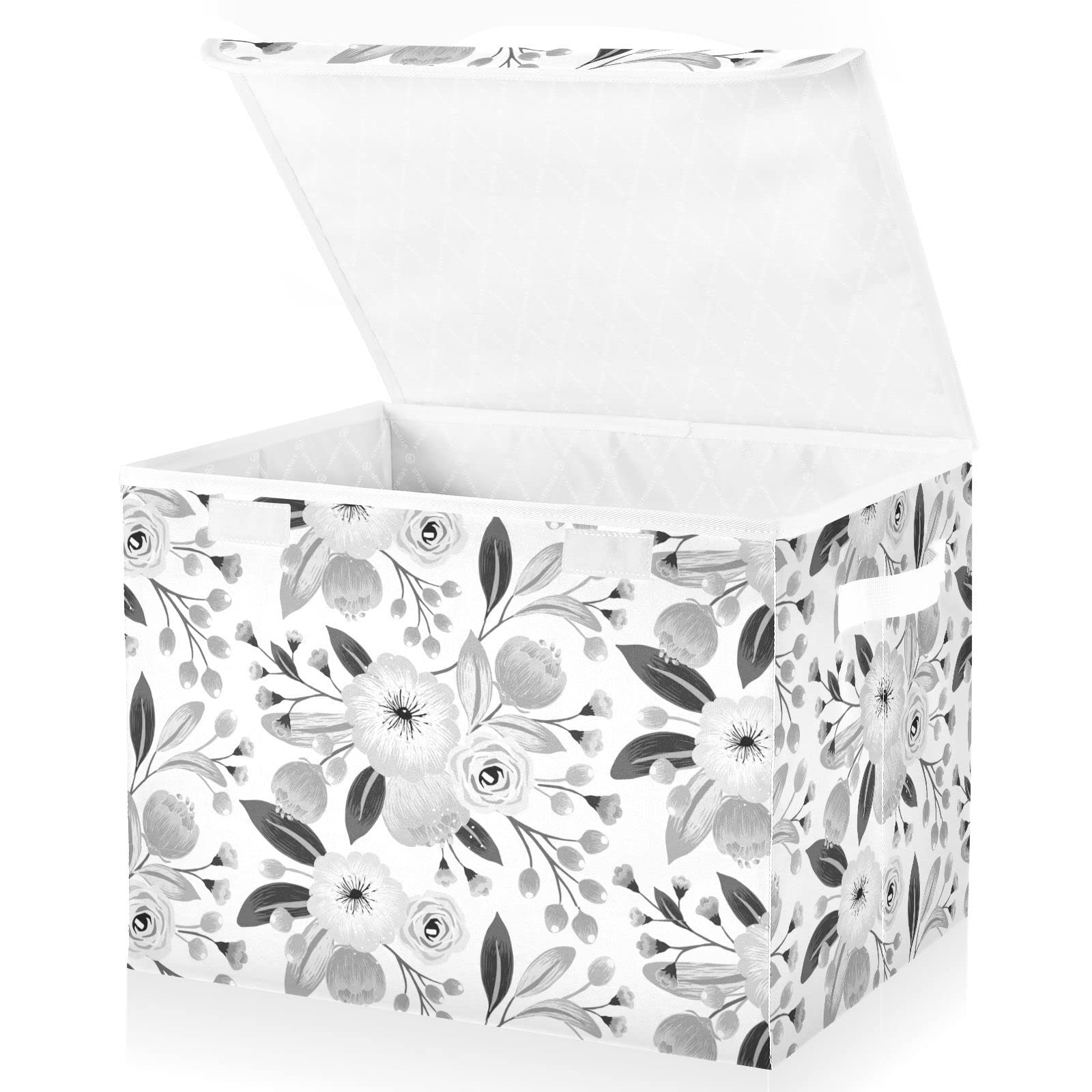 Black Grey Floral Flowers on White Storage Basket Bin with Lid, Foldable Bucket Box Closet Organizer Laundry Hamper for Home Office 16.5x12.6x11.8 in
