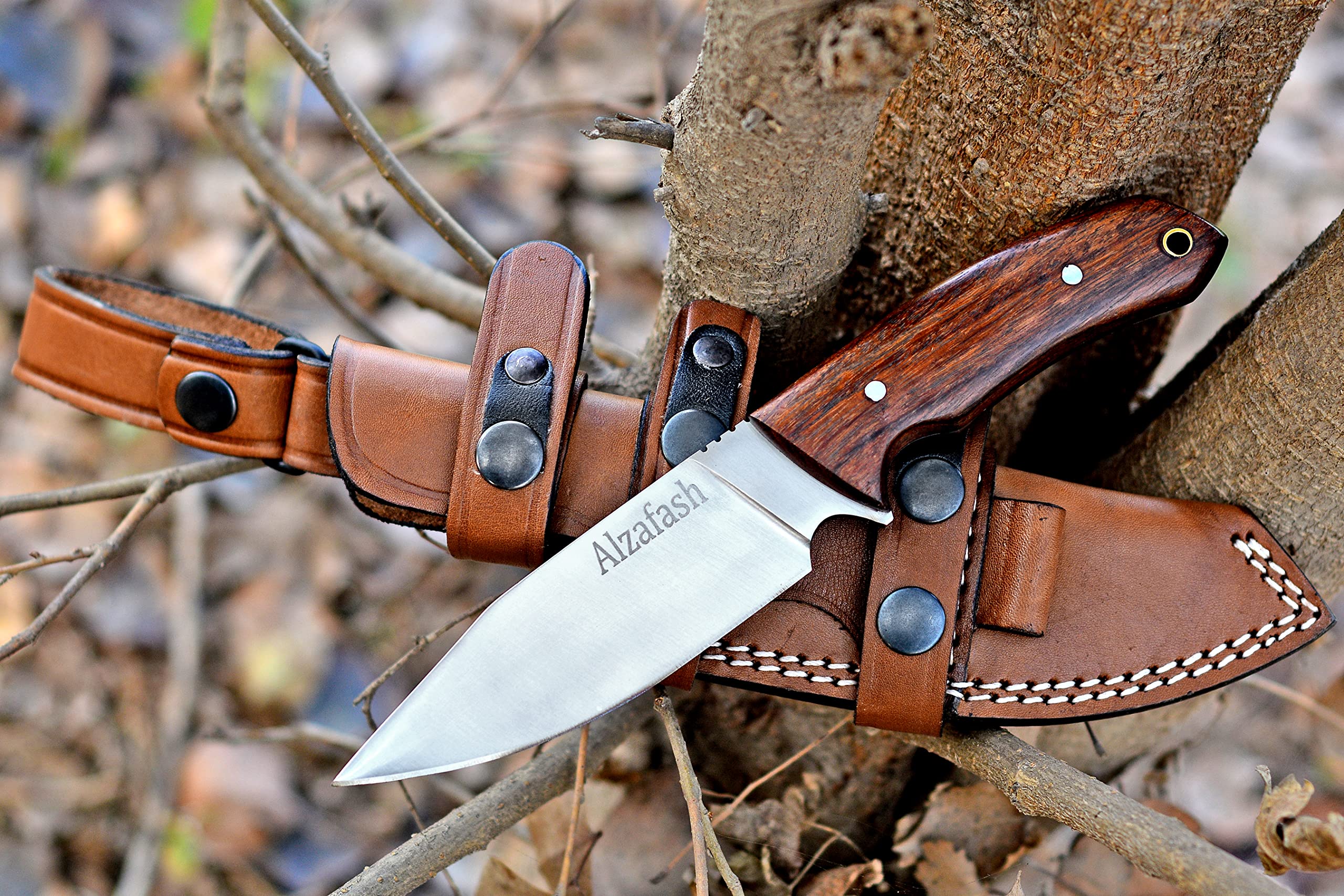 ALZAFASH Horizontal Carry Knife | Tracker Knife with Sheath | Fixed Blade Knife with Wooden Handle | Bushcraft Knife | Survival Knife | Camping Knife (Armor) No.6